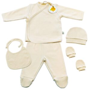 gots certified 100% organic 5 piece basic essentials layette set for newborn baby boys and girls white