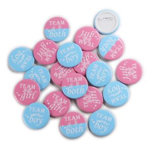 team girl & team boy button pins - gender reveal party games baby shower party ideas, wear your guess, girl or boy, he or she pin-back buttons (set of 20, round 1.5", pink & blue)