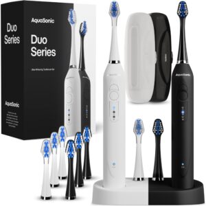 aquasonic duo - dual handle ultra whitening 40,000 vpm wireless charging electric toothbrushes - 3 modes with smart timers - 10 dupont brush heads & 2 travel cases included