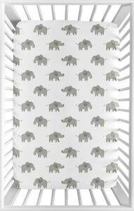 sweet jojo designs grey and white baby boy or girl unisex fitted mini portable crib sheet for watercolor elephant safari collection - for mini crib or pack and play only