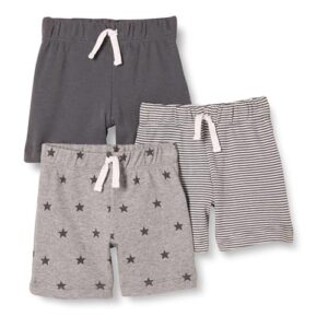 amazon essentials unisex babies' cotton pull-on shorts, pack of 3, black/grey heather stars/white stripe, 24 months