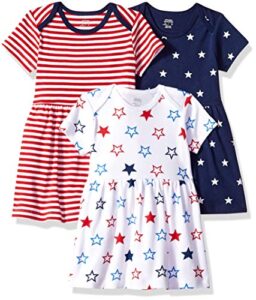 amazon essentials baby girls' short-sleeve cotton dress, pack of 3, navy stars/red stripe/white stars, 18 months