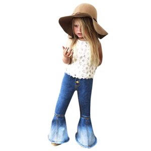 modntoga baby girls denim bell bottom jeans vintage toddler kid flare pants jeans western little cowgirl outfit hippie pants (dark blue, 130 (6-7t))