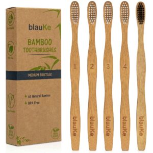 bamboo toothbrushes medium bristles 5-pack – 4 white wooden toothbrushes, 1 black charcoal toothbrush – biodegradable natural eco friendly