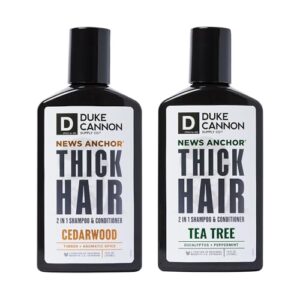 duke cannon supply co. news anchor 2-in-1 hair wash cedarwood, tea tree formula - paraben free, protein for strength, superior hydration, no harsh sulfates, 10 oz. (variety 2 pack)