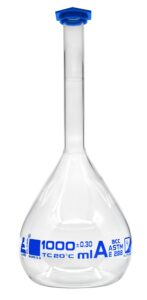 eisco volumetric flask, 1000ml - class a, astm - snap cap - blue graduation mark, tolerance ±0.300ml