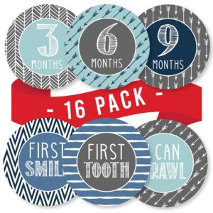 16 monthly baby milestone stickers boy - blue baby monthly milestone stickers for baby boy, milestone baby monthly stickers, baby month stickers for baby photo props, monthly baby stickers boy