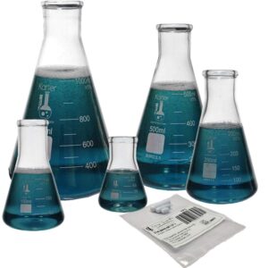 glass erlenmeyer flask set with magnetic stir bar set, 5 sizes - 50, 150, 250, 500, and 1l, 3.3 boro. glass, karter scientific 213b4