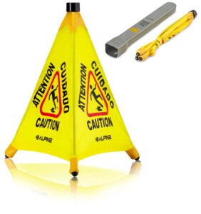 alpine caution wet floor sign - pop up slippery when wet sign, wall mounted foldable bilingual yellow safety warning caution cone for commercial & office use (30 inches)