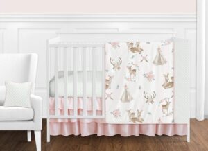 sweet jojo designs blush pink, mint green and white boho watercolor woodland deer floral baby girl crib bedding set - 11 pieces