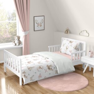 sweet jojo designs blush pink, mint green and white boho watercolor woodland deer floral girl toddler kid childrens bedding set - 5 pieces comforter, sham and sheets