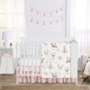 sweet jojo designs blush pink, mint green and white boho watercolor woodland deer floral baby girl crib bedding set - 4 pieces