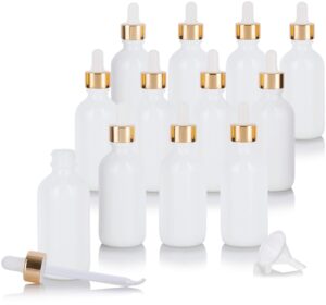 juvitus 2 oz opal white glass boston round bottle with gold metal and glass dropper (12 pack) + funnel