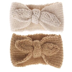 ovoy turban headband baby girl - warm rabbit knot hair band wrap newborn toddler children 2pcs (brown+beige, one size)