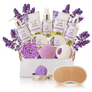 spa gift baskets for women lavender bath and body at home spa kit mothers day spa gifts ideas - luxury 15pcs with bath bombs, shampoo bar, eye mask, shower gel, bubble bath, salts, body scrub lotion