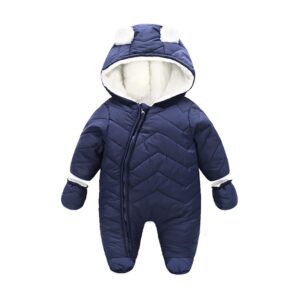 bafeicao baby boy girl winter hooded snowsuit romper zipper padding bodysuit infant puffer jacket with gloves 9-12 months, navy blue