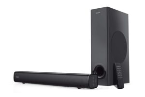 creative stage 2.1 channel under-monitor soundbar with subwoofer for tv, computers, and ultrawide monitors, bluetooth/optical input/tv arc/aux-in, remote control and wall mounting kit