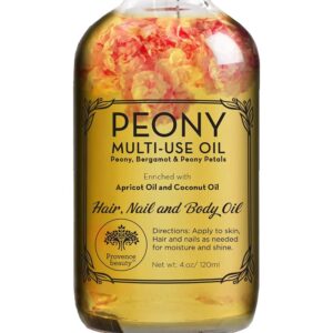 peony multi-use oil for face, body and hair - organic blend of apricot, vitamin e and sweet almond oil moisturizer for dry skin, scalp & nails - rose petals & bergamot essential oil - 4 fl oz