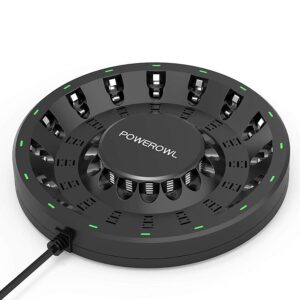 powerowl 16 bay aa aaa battery charger (updated, high speed charging) with smart led light and plug, for nimh nicd rechargeable batteries and more