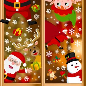 90shine 314pcs christmas decorations window clings - xmas holiday snowflake santa elf reindeer gnome peeking decals, winter wonderland party supplies decor, 12 sheets