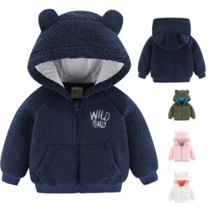 newborn infant baby boys girls cartoon fleece hooded jacket coat with ears warm outwear coat zipper up (0-3m, navy blue)