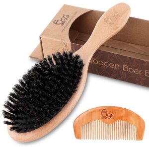 black egg boar bristle hair brush for women men kid, soft natural bristles brush for thin and fine hair, restore shine and texture, set includes bamboo comb and 3 hair ties