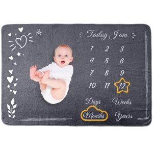 one4one safety grey baby monthly milestone blanket boy, girl.extra large baby milestone blanket baby gifts, nursery decor baby shower. newborn baby month blanket. baby growth chart blanket