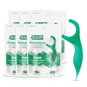 gum professional clean floss picks - extra strong shred-resistant floss, easy grip handle - dental flossers for adults - fresh mint flavor, 40ct (6pk)