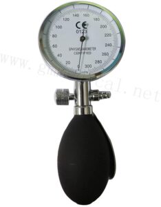 hand-held aneroid sphygmomanometer with pressure inflation bulb.