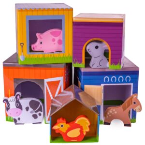 friendly farm match 'n stack nesting blocks | 5 barnyard pals & stackable home boxes | wooden animals fit into colorful cube shapes | includes chicken, cow, pig, horse, and rabbit | classic kids toy