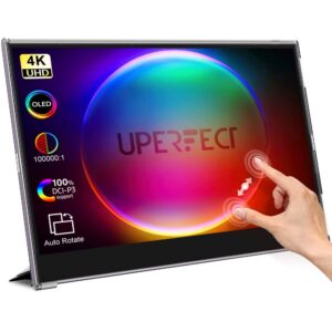 uperfect oled portable monitor 4k touchscreen battery, 15.6'' uhd 10bit 100% dci-p3 100000:1 color, 10-point touch, gravity sensor auto rotate, 5000mah battery, achieve true portable screen on travel