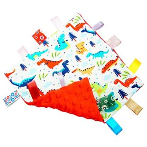 g-tree baby comfort blanket with tag, multi-coloured dinosaurs tag, fomuni taggy blanket - red textured underside