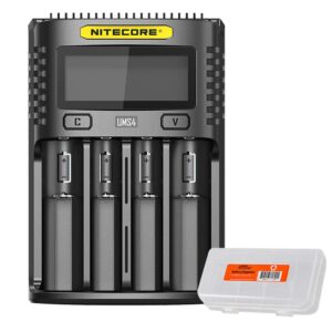 nitecore ums4 intelligent usb four slot quick battery charger for li-ion/ni-mh/ni-cd/imr 16340 14500 18650 21700 20700 aa aaa and more batteries, with lumentac battery organizer