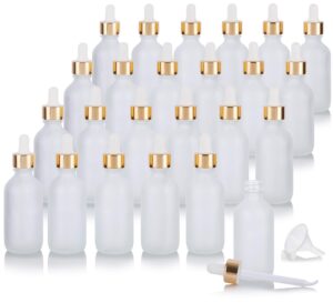 juvitus 2 oz / 60 ml frosted clear glass boston round bottle with gold metal and glass dropper (24 pack) + funnel