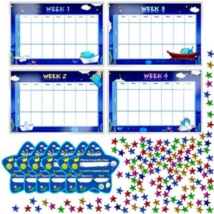 spritegru potty training reward chart with 4x waterproof weekly charts, 6x diploma, 600x colorful stars. perfect for multiple toddlers’ motivational toilet training (each chart 11” x 7”)