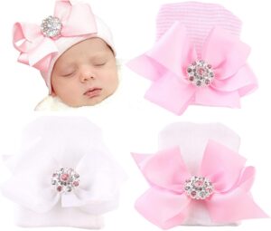 dreshow bqubo newborn hospital hat infant baby hat cap with big bow soft cute knot nursery beanie