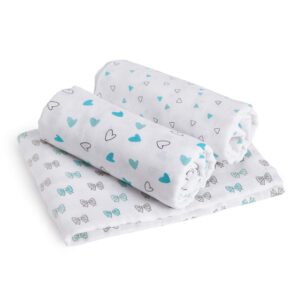 twc organic muslin swaddle blankets for baby | cotton double layer cloth - super soft, absorbent | large 44"x44" | pack of 3 - blue 3 design