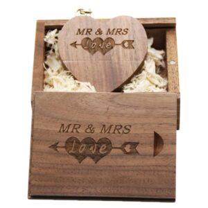 lxsino 32gb wood usb 3.0 flash drive with laser engraved mr & mrs design - 32gb wooden heart shape usb memory stick thumb drivers with box for wedding/couple/parents (walnut 32gb)