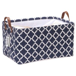 sea team moroccan lattice pattern canvas fabric storage basket collapsible geometric design storage bin with drawstring cover and pu leather handles, 16.5 by 11.8 inches, waterproof inner, dark blue