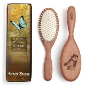 desert breeze natural wood bristle hair brush, gentle scalp massage, pear wood handle, made in germany, for all hair types, rounded wooden pins, anti-static