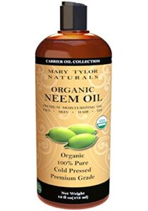 mary tylor naturals organic neem oil (16 oz), usda certified, cold pressed, unrefined, premium quality, 100% pure great for skincare and hair care