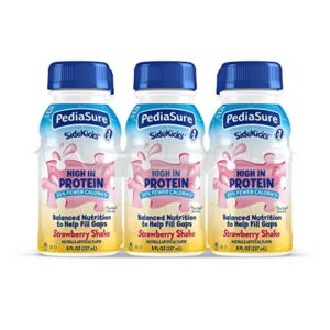 pediasure sidekicks, 6 shakes, kids protein shake, with key nutrients and protein to help kids catch up on growth and help fill nutrient gaps, strawberry, 8 fl oz