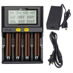 miboxer c4-12 universal smart rechargeable battery charger intelligent 4 slot output li-ion 4x3a,ni-mh/nicd 2x1a for 18650 aa c 26650 16340(rcr123) 14500 and more but except lifepo4