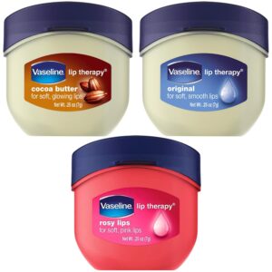 vaseline lip therapy variety 3-pack – original, rosy lips, cocoa butter mini lip balms for soft, deliciously kissable lips, 0.25 oz ea