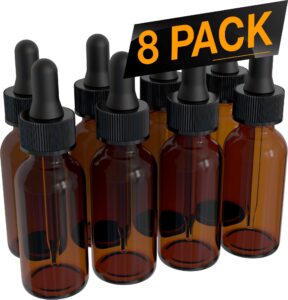 nylea 8 pack essential oil bottles - round boston empty refillable amber bottle with glass dropper for liquid aromatherapy fragrance lot - (1 oz) 30ml