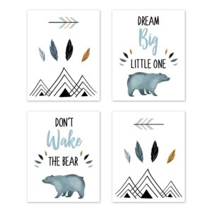 sweet jojo designs slate blue and white wall art prints room decor for baby, nursery, and kids for bear mountain watercolor collection - set of 4 - dream big, don't wake the bear