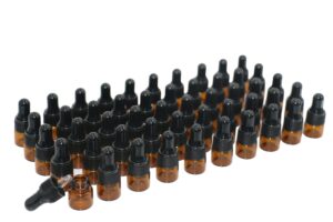 50pcs amber glass dropping bottles 1ml mini essential oil dropper bottles empty travel perfume sample vials containers with glass eye dropper and cap in box(2 droppers included)