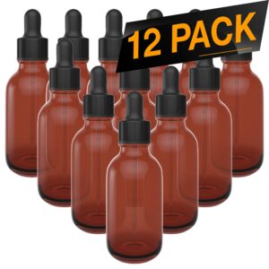 nylea 12 pack essential oil dropper bottles - round boston empty refillable amber bottle with glass dropper for liquid aromatherapy fragrance lot - (2 oz) 60ml