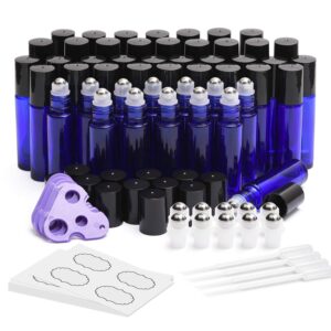 ulg essential oil roller bottles 48 pack 10ml cobalt blue glass empty bottles with stainless steel roller balls (10 extra roller balls, 4 openers, 4 droppers, 48 waterproof labels)