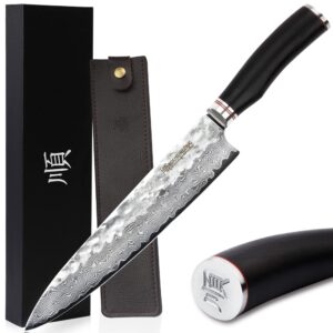 yousunlong gyuto 10 inch pro chef's knives japanese hammered damascus natural leadwood handle with leather sheath